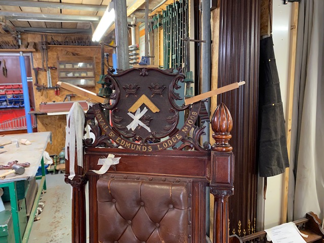 Restoration photos of the WM's chair. - St Edmundsbury Masonic Centre